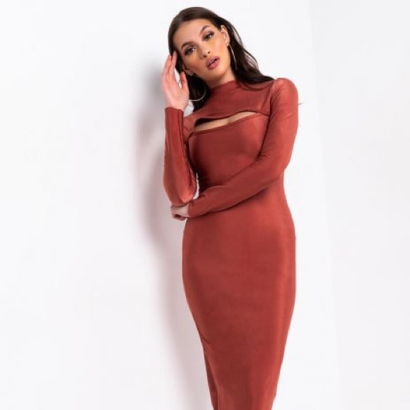 Heart & Hips | Dresses | Long Sleeve Bodycon Midi Dress Mock Neck Chest ...